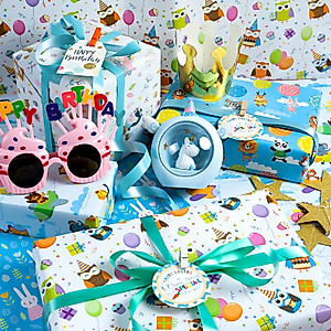 LeZakaa Birthday Wrapping Paper Sheet - 12 Sheet with 6 Different Animal Design for Kids, Boys, Girls -27.5 x 19.6 inches Per Sheet