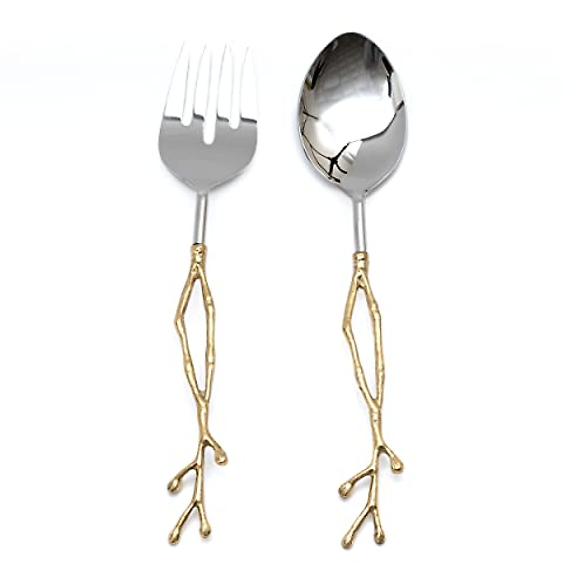 Twig Salad Servers Brass & Stainless Steel, Fork & Spoon Set Leaf Design, Two Tone Ideal for Weddings, Dinner Parties, Elegant Flatware, Housewarming Gifts, Stainless Steel Mirror Polished (Gold Twig)