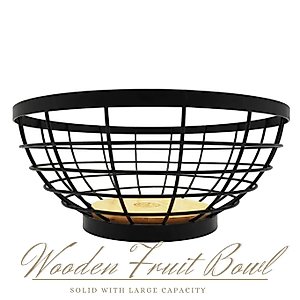 Large Wooden Fruit Bowl for Kitchen Countertop & Dining Room, Decorative Wooden Wire Basket for Living Room- ShinYik Japanese Zakka Style with Bamboo Wood and Rust Resistance Black Iron