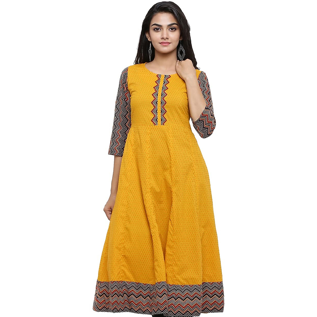 Yash Gallery Indian Cotton Geometric Print Anarkali Kurtis for Women (Mustard Yellow)