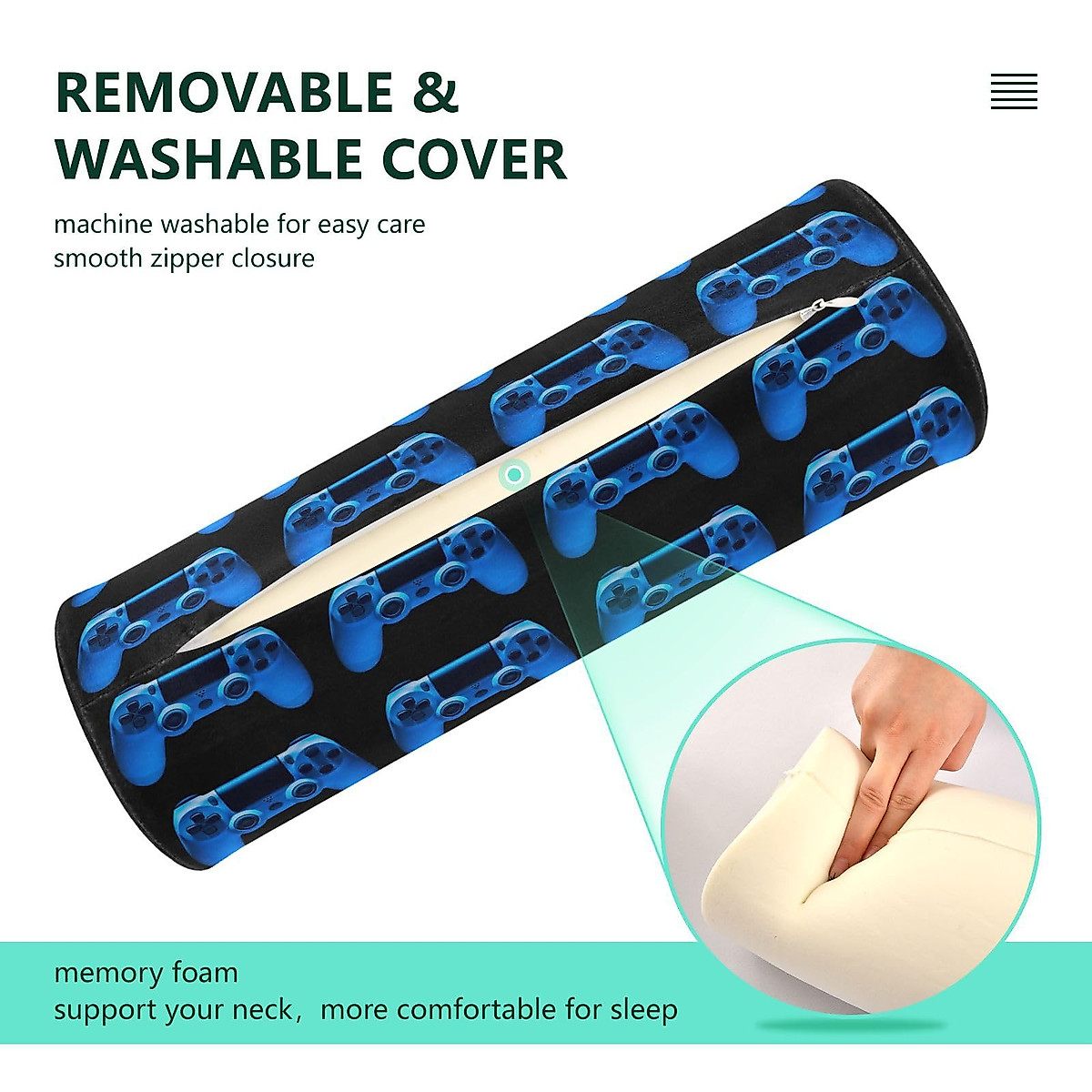 Oyihfvs Video Game Joystick Gamepad in Blue Neon Lights Isolated on Black Round Memory Foam Pillow, Travel Pillow with Removable Washable Cover for Head Neck Legs Support 5.5 x 5.5 x 17 inch
