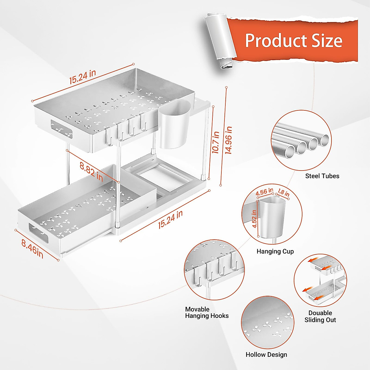 POJORY 2 Pack Double Sliding Under Sink Organizers and Storage,2-Tier Pull Out Under Sink Organizer with Hooks and Hanging Cup,Multi-Purpose Cabinet Organizer for Bathroom Kitchen, White