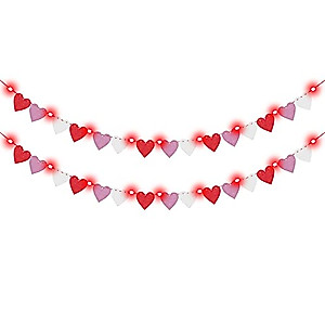 2 Pieces Heart Garland Banner for Valentines Day with Red Led Lights Decorations Red Pink White Heart Felt Banners Garland for Fireplace, Anniversary, Wedding, Engagement Party Home Decor (Style 2)