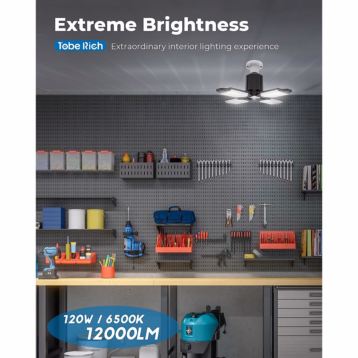 toberich LED Garage Light Bulb - 120W 12000LM Shop Lights with 4+1 Deformable Panels, 6500K Screw in Ceiling Lights for Garage, Workshop, Workbench, Basement (1 Pack)