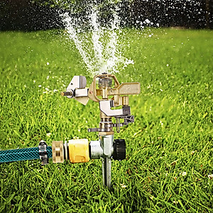 Biswing 2 Pack Brass Impact Sprinklers with Stand (Spike), Heavy Duty Lawn Head on Zinc Alloy Spike Base, Adjustable Watering Sprinkler for Large Area Grass Yards Patio Garden Irrigation