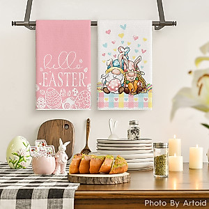 Artoid Mode Gnome Bunny Rabbit Eggs Pink Hello Easter Kitchen Towels Dish Towels, 18x26 Inch Seasonal Spring Decoration Hand Towels Set of 2