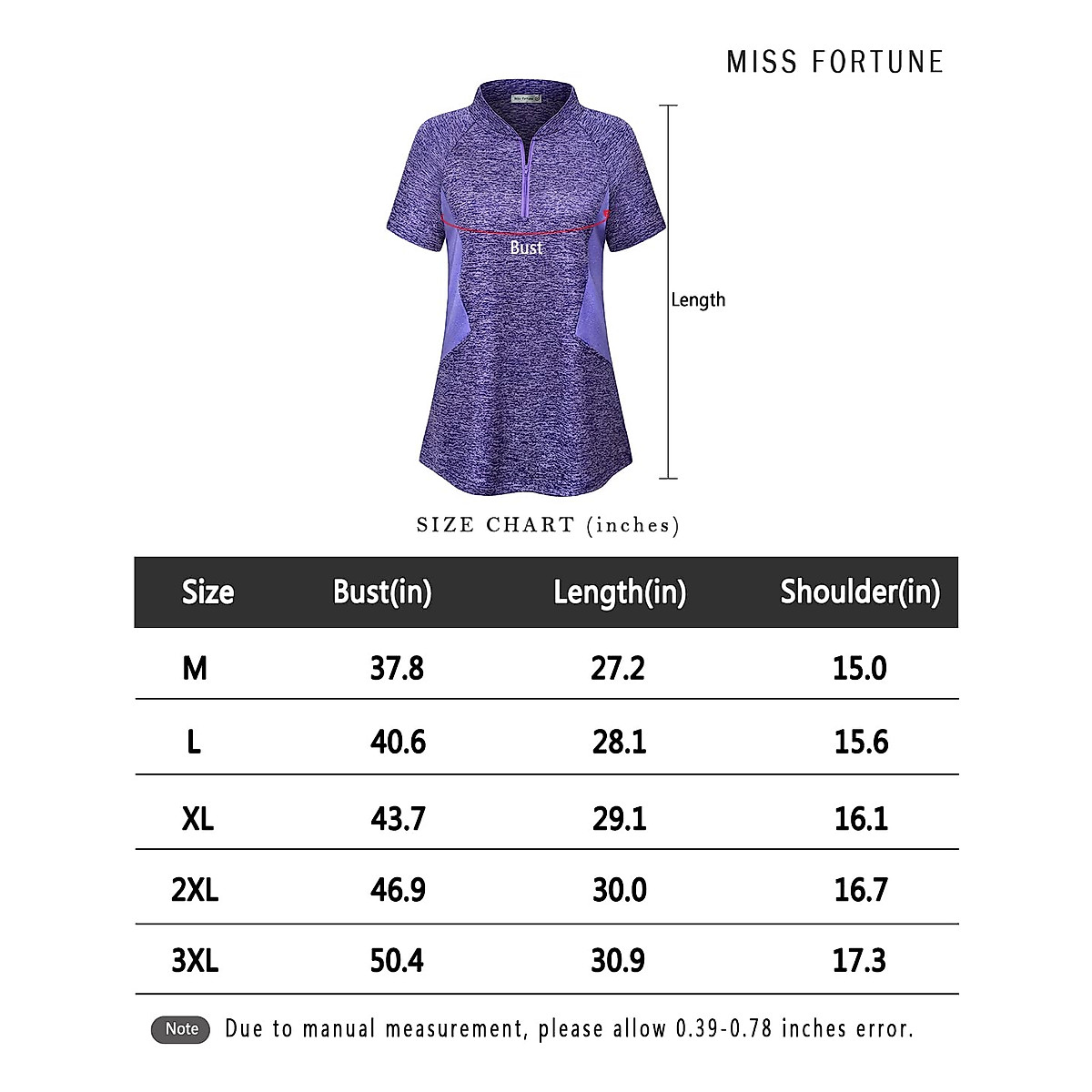 MISS FORTUNE Exercise Clothes Short Sleeve for Womens, Plus Size Sports Tops in Hiking Running Gym Tennis Golf Shirt Sport