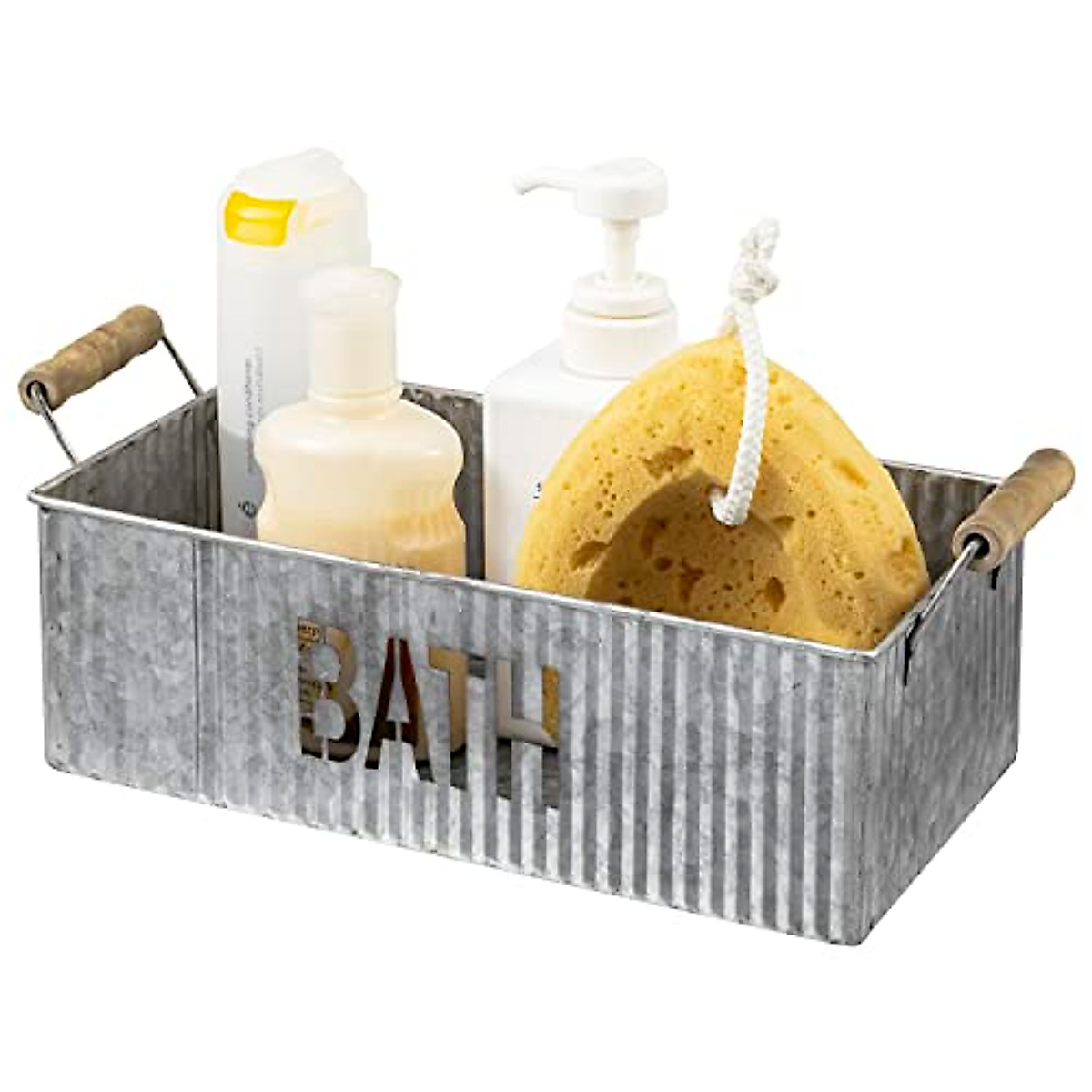 MyGift Currogated Galvanized Metal Rectangular Storage Basket with Wooden Handles, Bathroom Toiletries Holder, Organizer Bin with Bath Cutout Label