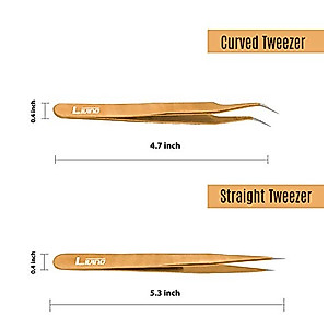 LIVINO Eyelash Extension Tweezers Straight - Set of 2 Stainless Steel Extension Tweezers with Curved Tip - Eyelash Extension Supplies Nipper for Eyelash Extensions Eyelash Tweezers