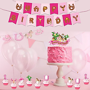Western Cowgirl Birthday Party Decorations, Retro Horse Rodeo Party Supplies for Girls Included Horse Shaped Foil Balloons Happy Birthday Banner Cake Topper Hanging Swirls 12 Inch Latex Balloons