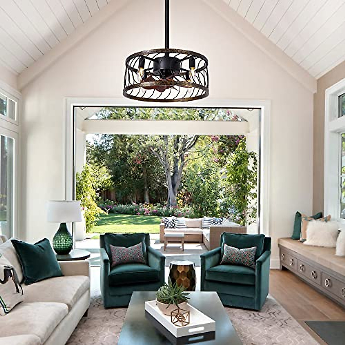 Rustic Hand-Swept Gold Paint Accents Sand Black Fandelier Ceiling Fans with Lights and Remote, Farmhouse Caged Semi-Flush Mount Ceiling Fan with Height Adjustment, Reverse Quite Motor for Indoor