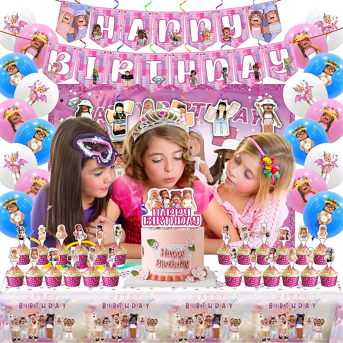 Birthday Party Supplies, Party Decorations Include Happy Birthday Banner, Backdrop, Tablecloth, Cake Toppers, Hanging Swirls, Cupcake Toppers, Latex Balloons