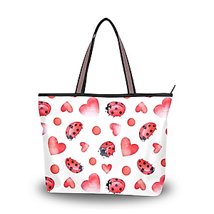 OTVEE Valentine Ladybug Pink Hearts Woman Tote Bag Top Handle Handbag for Work Travel - M Size