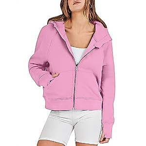 ANRABESS Women's Zip Up Cropped Hoodie Oversized Fall Sweatshirts Y2k Jacket Workout Crop Tops Rib Knitted Casual Long Sleeve Shirts Comfy Clothes A1015fense-M Pink