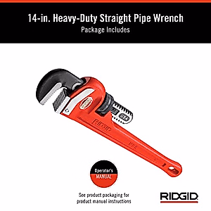 RIDGID 31020 Model 14 Heavy-Duty Straight Pipe Wrench, 14-inch Plumbing Wrench, Red