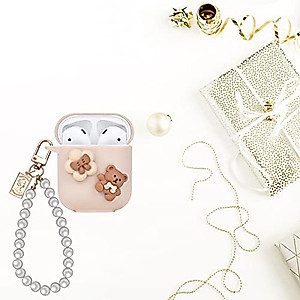 Cute AirPod Case Cartoon Lovely Bear Design with Pearl Chain Soft Protective Cover Compatible with AirPods 2 & 1 Generation for Women and Girls (Brown)