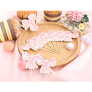 12Pcs Pink Bow Cupcake Toppers - Girls Birthday Party Decorations,Bow Tie Birthday Cupcake Toppers,Bachelorette Wedding Party Decorations,Pink Bow Girl Cake Smash Photo Props