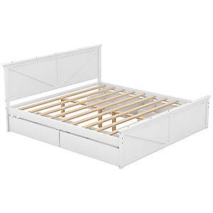 LZ LEISURE ZONE King Size Platform Bed, Wooden Platform Bed Frame with 4 Storage Drawers and Support Legs, No Box Spring Needed, White