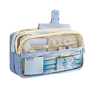 MILLEVIBE Kawaii ITA Pencil Pouch: Large Capacity Multi-Compartment Pen Case with Clear Window for Anime Display (Blue)