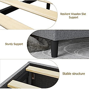 Sunrise Coast Bed Frame King Size Upholstered Platform Beds with Headboard Linen Fabric Wood Slat Support + Iron Frame, Mattress Foundation, No Box Spring Needed, Light Grey