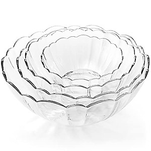 DEAYOU 4 Pack Clear Serving Bowls, Acrylic Salad Mixing Bowls, Party Snack or Chip Bowl, Break-Resistant Disposable Catering Bowls Punch Bowl for Entertaining, Fruit, Vegies, 4 Sizes, Flower-Shape