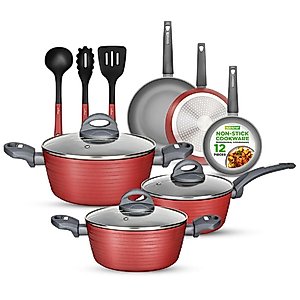 NutriChef Professional 12-Piece Red Nonstick Cookware - PFOA/PFOS-Free, Heat Resistant Lacquer, Elegant Design, Multi-Sized Pots and Pans