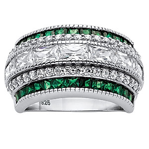PalmBeach Platinum-Plated Sterling Silver Emerald Cut Cubic Zirconia and Simulated Princess Green Emerald or Blue Sapphire Anniversary Ring Size 8