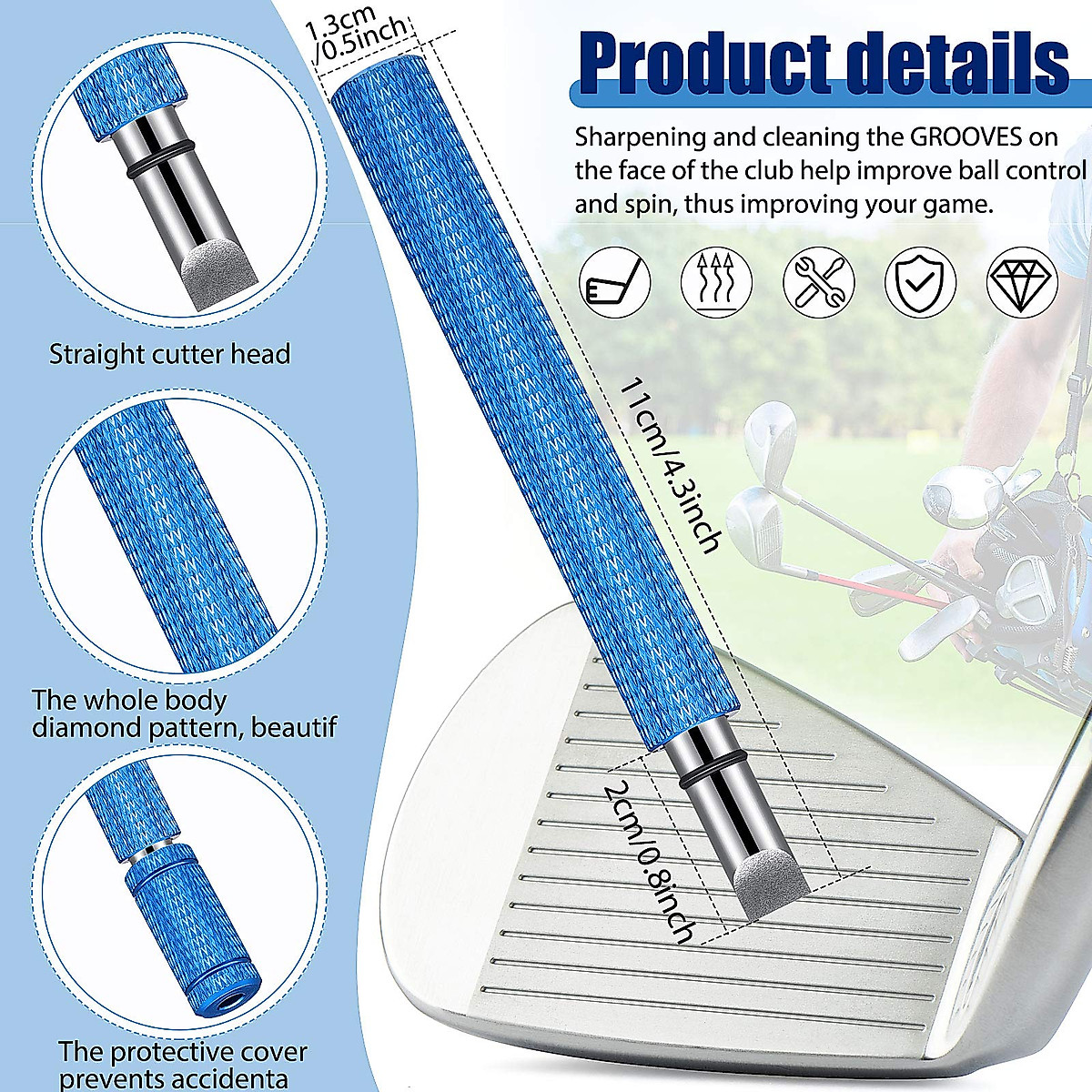 3 Pieces Golf Club Groove Sharpener Retractable Golf Brush and 6-Head Groove Sharpener Re-Grooving Tool and Cleaner for All Golf Irons Pitching, Sand, Lob, Approach Wedges, Utility Clubs (Blue)