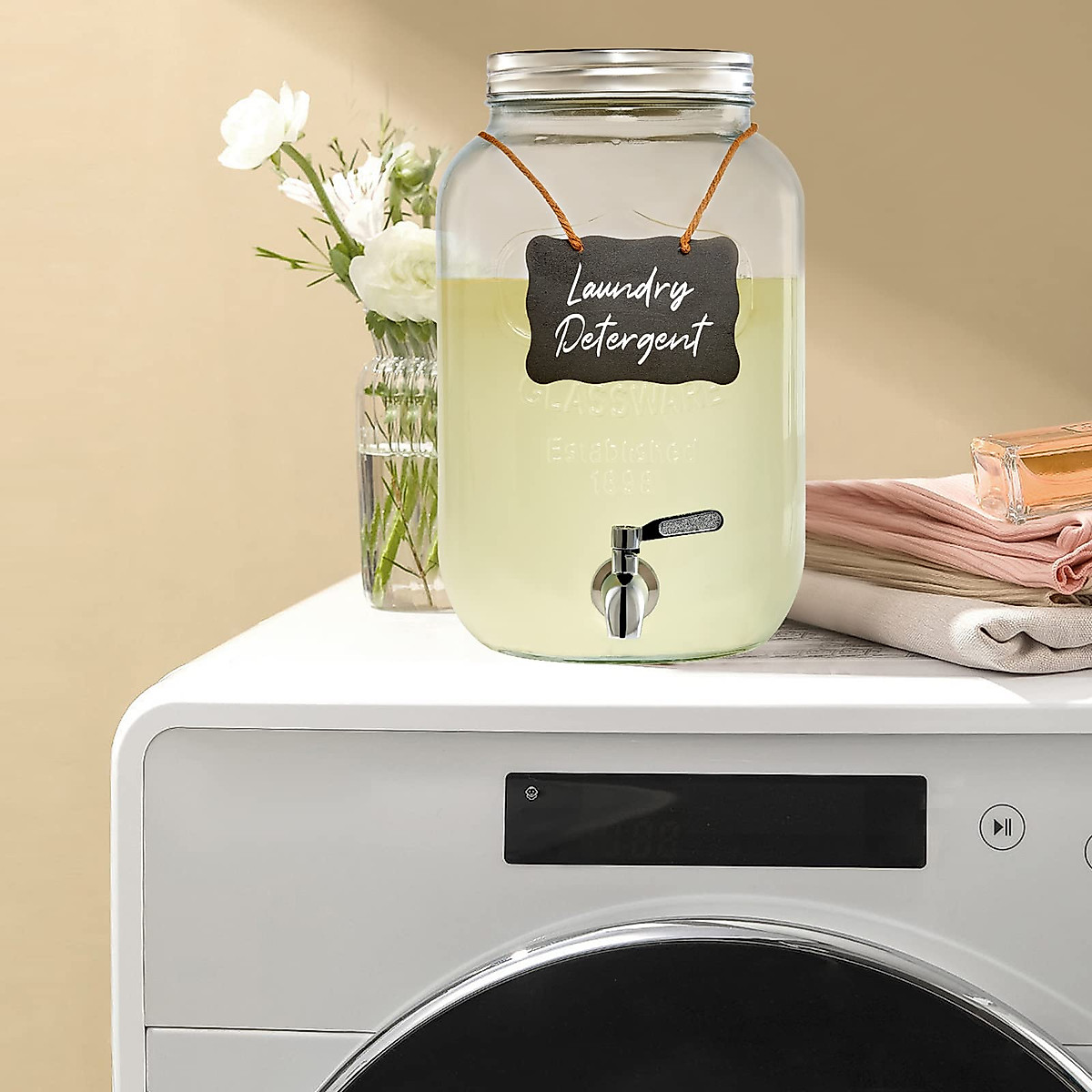 Hanaiette 2 Gallon Glass Beverage Dispenser for Parties, Leak-proof 304 Stainless Steel Spigot ＆ Lid, Drink Dispensers Jar with Fruit Infuser, Suitable to Make Sun Tea, Lemonade, Kombucha et