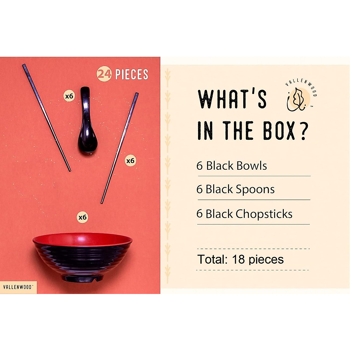 VALLENWOOD 6 Ramen Bowls, 18 pieces Pho set. Red Black Asian Japanese soup. Utensil: Spoons And Chopsticks kit. Melamine. Large 37 oz. Noodles, Rice, Udon, Thai, Chinese, Korean, Wonton, Miso