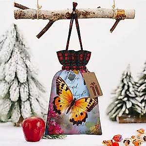EVANEM Christmas Gift Bags with Drawstring Burlap Gift Bags Butterfly Christmas Linen Bags for Xmas Party Candy Bags with Cards Xmas Reusable Wrapping Bags Christmas Linen Treat Bags for Holiday