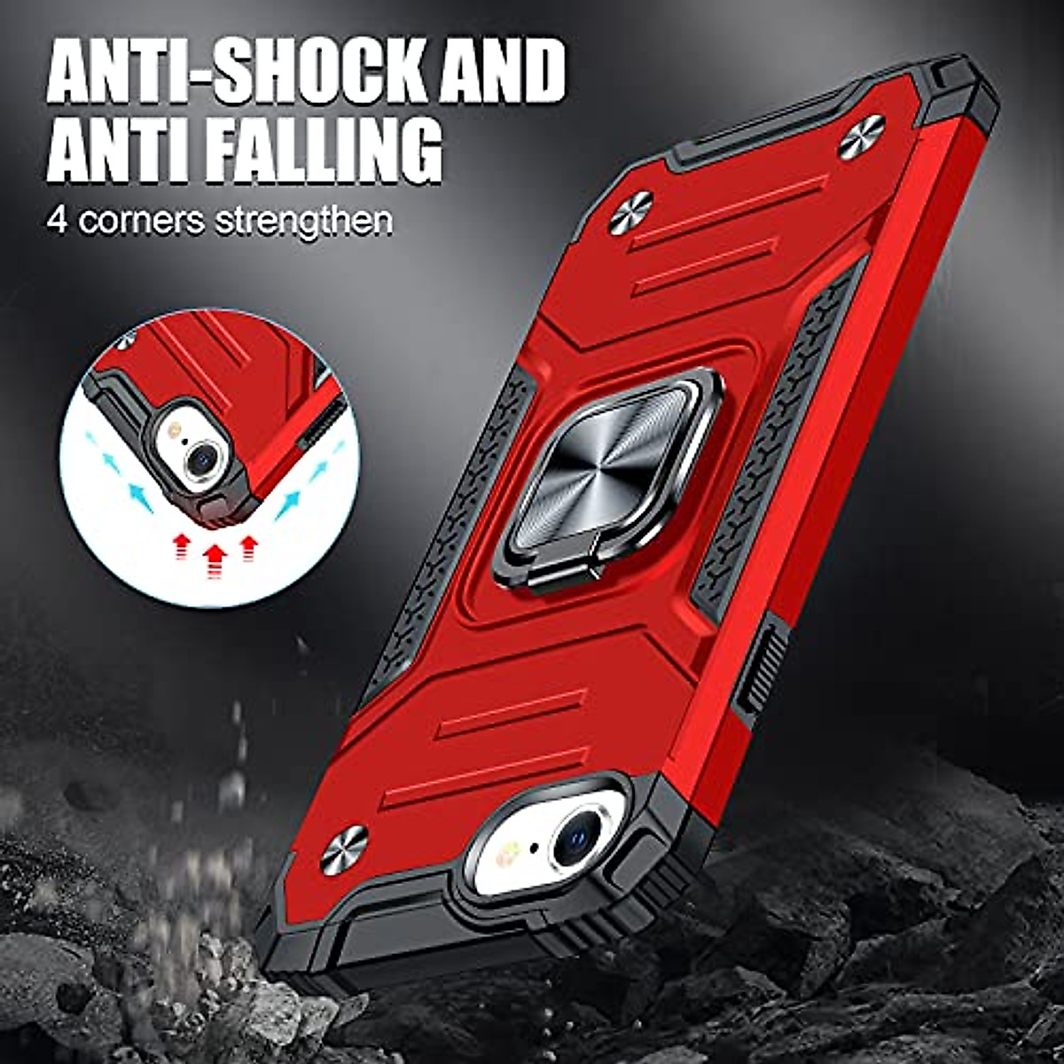 JAME Case for iPhone SE 2022/2020/8/7 Case with Screen Protectors 2Pcs, Military-Grade Drop Protection, Shockproof Protective Phone Cases, with Car Mount Ring Kickstand Case for iPhone SE 2020/8/7 Red