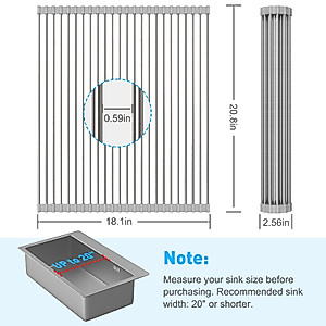 EMBATHER 20.8'' x 18.1'' Roll Up Dish Drying Rack Over The Sink, Dish Drying Rack for Kitchen Counter, Multipurpose Stainless Steel Foldable Kitchen Drainer Rack with Anti-Slip Silicone, Gray