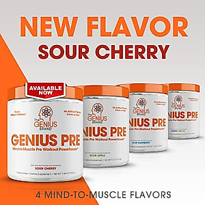 Genius Pre Workout Powder, Sour Apple - All-Natural Nootropic Pre-Workout & Caffeine-Free Nitric Oxide Booster Supplement with Beta Alanine & Alpha GPC - No Artificial Flavors, Sweeteners, or Dyes