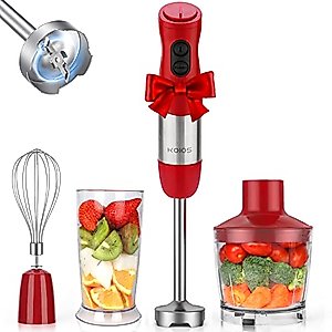 KOIOS 800W 4-in-1 Multifunctional Hand Immersion Blender, 12 Speed 304 Stainless Steel Stick Blender, Titanium Plated, 600ml Mixing Beaker, 500ml Food Processor, Whisk Attachment, BPA-Free, Red