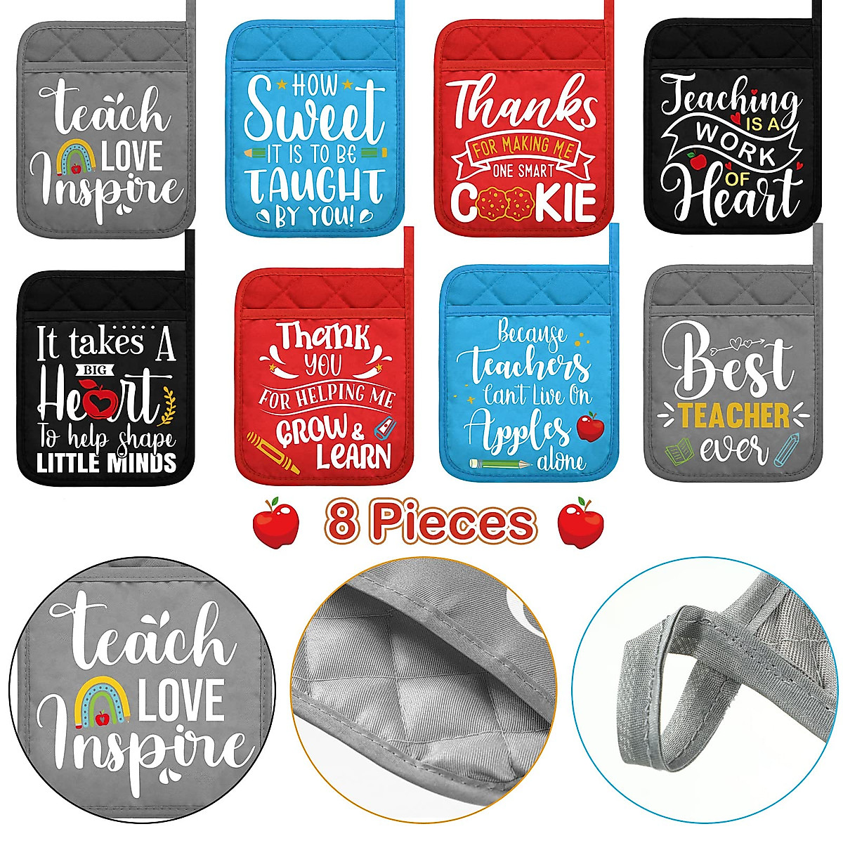 Irenare 8 Pcs Christmas Teacher Appreciation Gifts Hot Pot Holders Funny Oven Mitts Heat Resistant Microwave Oven Mitt Potholders with Hand Pocket Hanging Loop End of Year Gift, 7 x 9 Inch