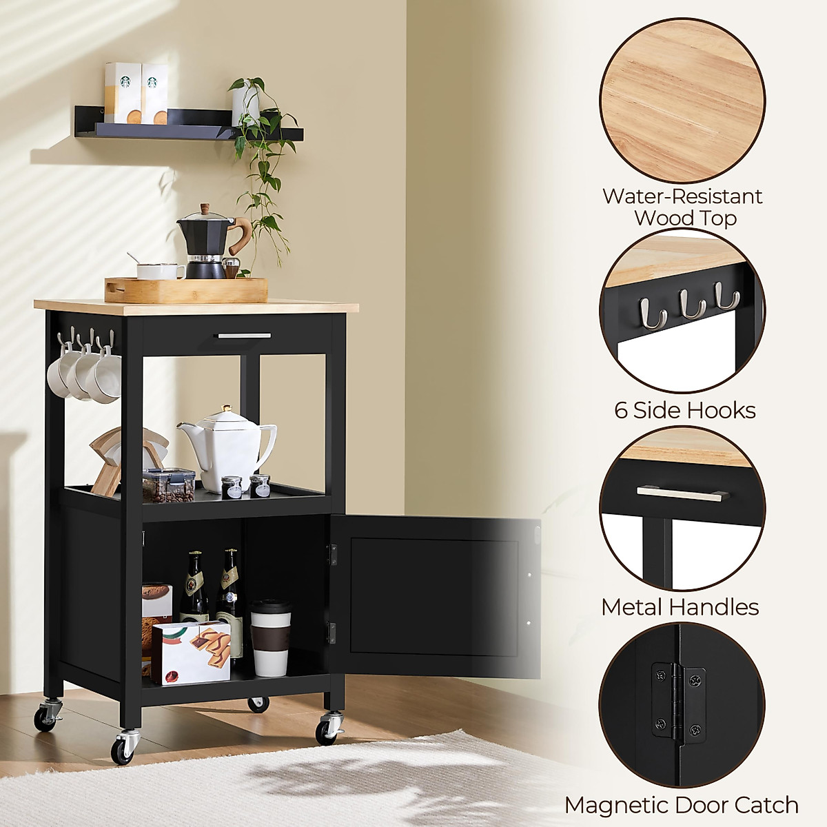 Yaheetech Small Kitchen Island on Wheels with Wood Top and Drawer, Trolley Cart with Open Shelf and Storage Cabinet for Dining Room, 22x18x35 Inches, Black