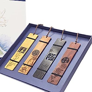 4pcs High-Grade Solid Wood Bookmarks Carved with Plum Orchid Bamboo Chrysanthemum Bookmarks for Women Men and Family