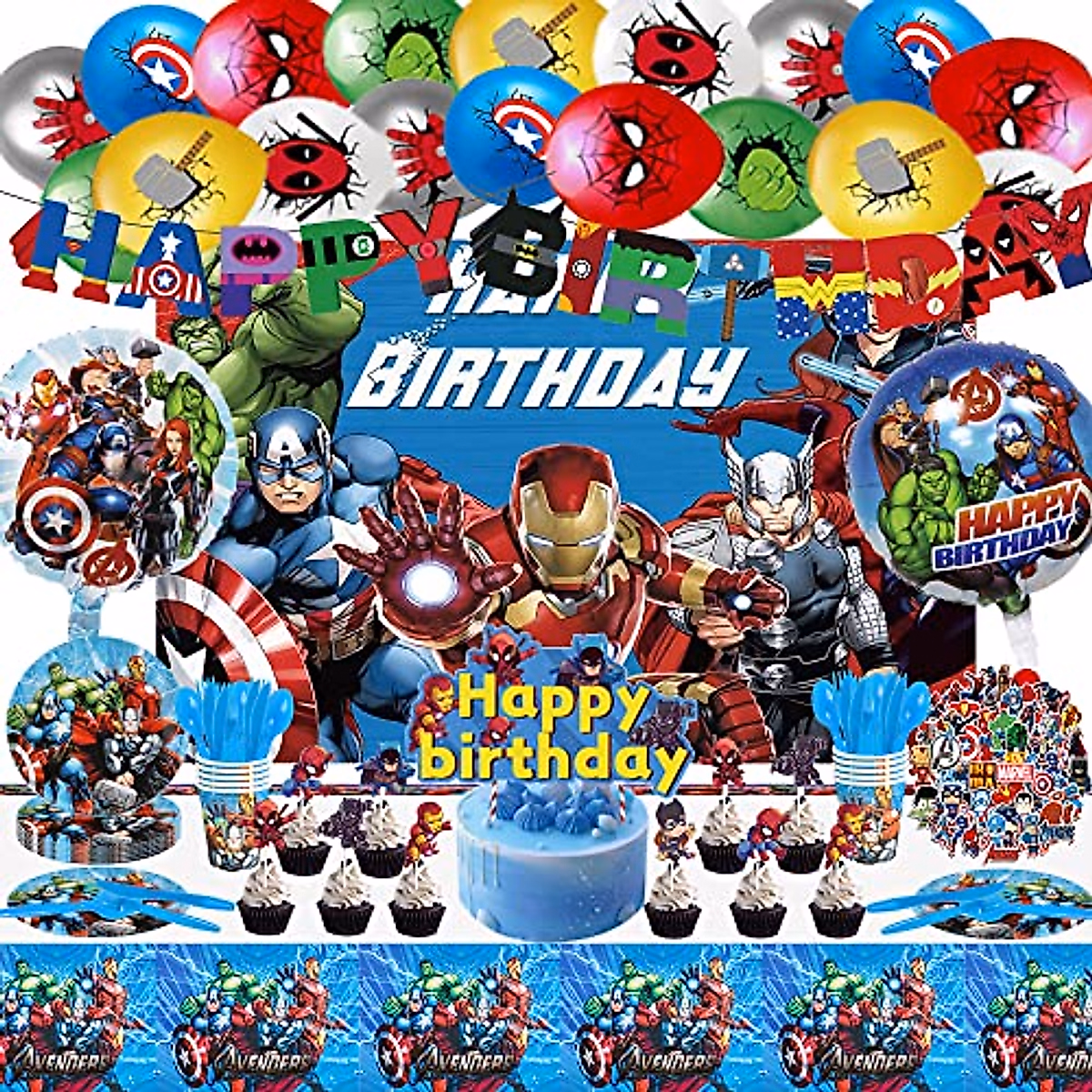 150 PCS Superhero Blue Theme Birthday Party Supplies For Boys And Girls Decoration With Plant Balloon,Tableware,Paper Cup,Tablecloth, Backdrop Super Movie Theme Party