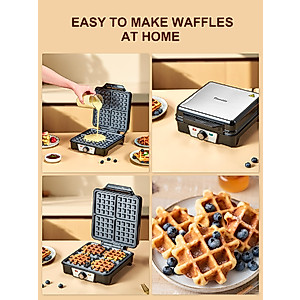 Belgian Waffle Maker 4 Slices, 1200W Waffle Iron, Anti-Overflow Waffle Iron with Browning Knob, Nonstick Plates, Indicator Lights, Silver/Black