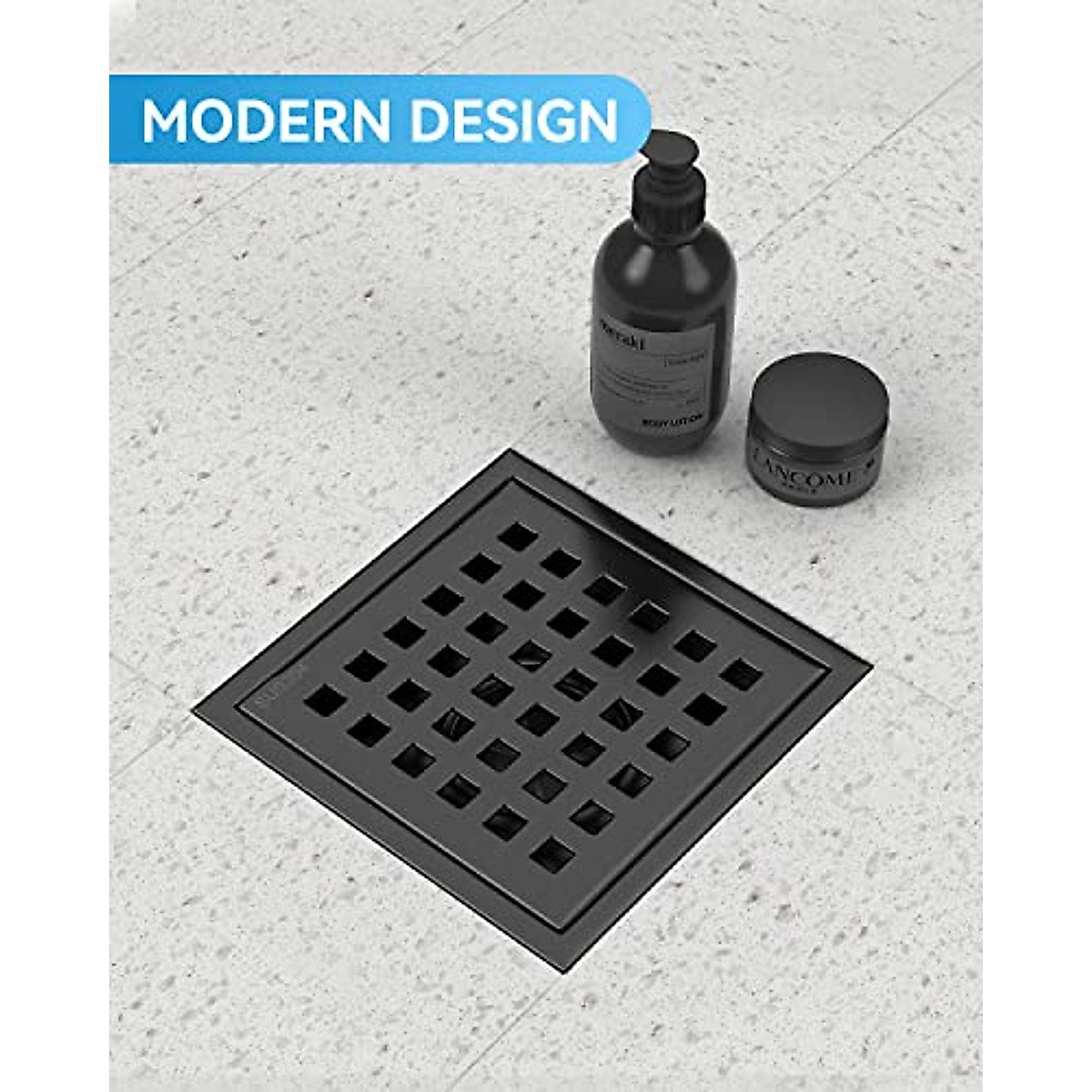Black Shower Drain 4 Inch with Flange CUPC Certified- Made of 304 Stainless Steel, Square Shower Drain Includes Removable Cover Grid Grate,Thread Adapter, Shower Drain