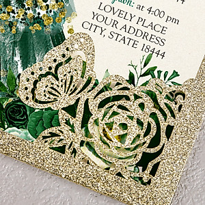 DORIS HOME 50Pcs Butterfly Quinceanera Invitation Emerald Green for 15 year, Sweet 16, Miss XV, Birthday Laser Cut Quince Invitation Cards Personalized Glitter Gold