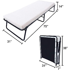 LEISUIT Rollaway Guest Bed Cot Fold Out Bed - Portable Folding Bed Frame with Thick Memory Foam Mattress for Spare Bedroom & Office White+Hanging Storage Bag(L)