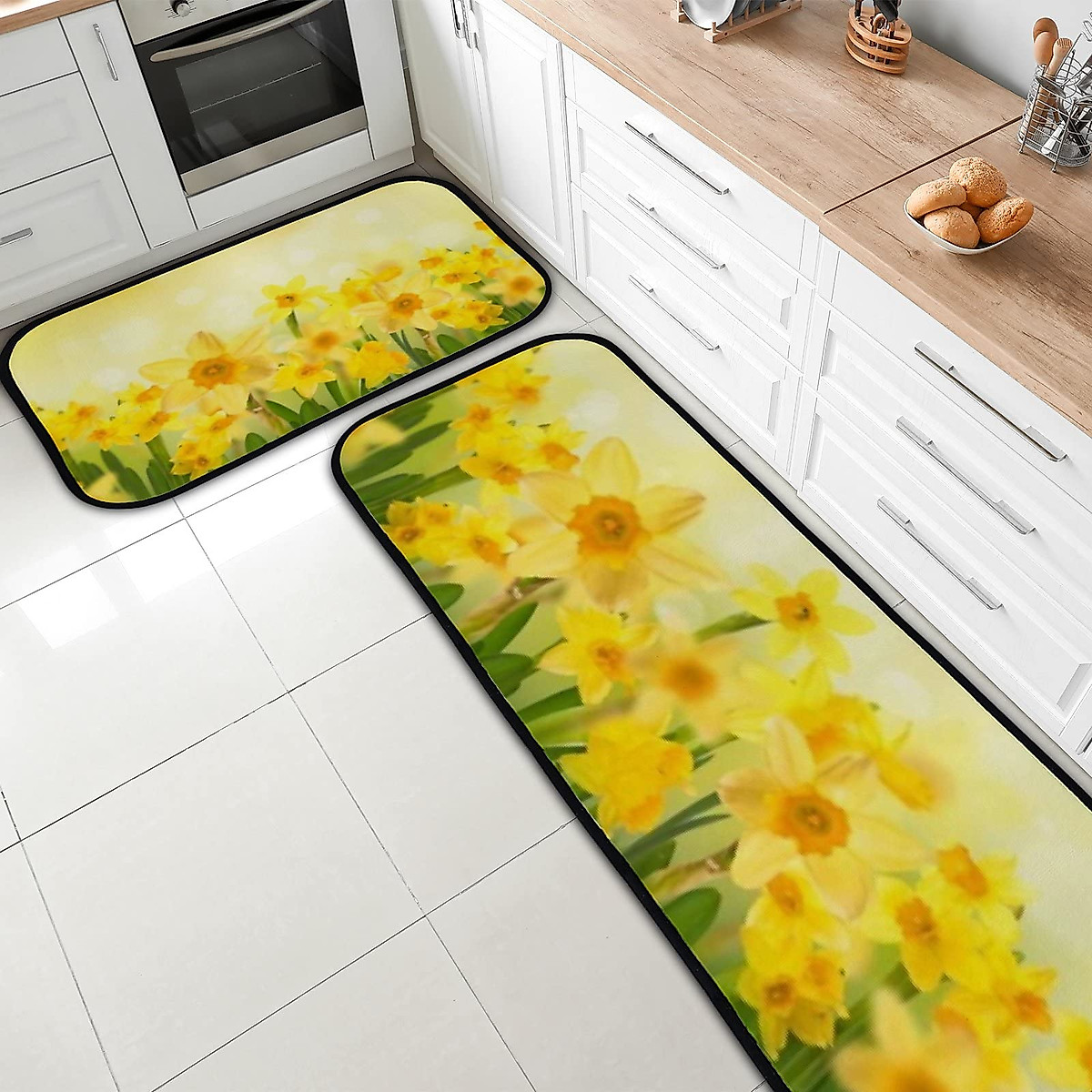 Kuizee Kitchen Mat Set of 2 Pieces Anti Fatigue Rugs Yellow Daffodils Spring Butterflies Floral Soft Water Absorbent Non-Slip Standing Mats Kitchen Decor Floor,17.7"x 29" +17.7"x58"