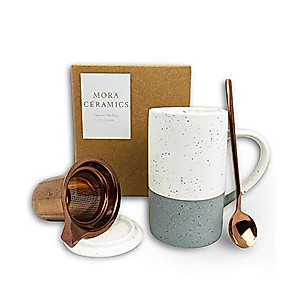 Mora Ceramics Tea Cup with Loose Leaf Infuser, Spoon and Lid, 12 oz, Microwave and Dishwasher Safe Coffee Mug - Rustic Matte Ceramic Glaze, Modern Herbal Tea Strainer - Great Gift for Women, Flint