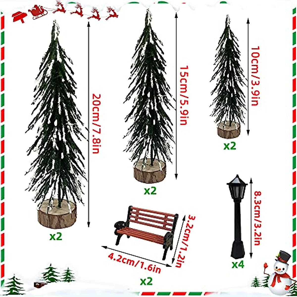 13 Pieces Mini Artificial Christmas Tree Set with Christmas Village Houses 4 Pieces Xmas Street Lamp Post and 2 Pieces Miniature Park Bench Seat for Christmas Table Top Decor