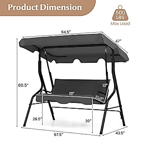RELAX4LIFE 3-Person Porch Swing Chair - Outdoor Swing w/Adjustable Canopy, Removable Cushion & Metal Frame Stand, 3 Seat Swing Bench for Backyard Garden Poolside, Patio Swing for Adults (Grey)