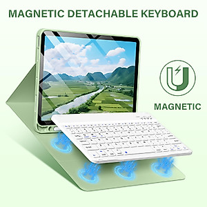 Aoub Case for iPad Air 6th 11-inch M2 2024, iPad Air 5th/4th Generation 10.9 inch 2022/2020, Stand Folio Detachable Wireless Bluetooth Keyboard Cover Soft TPU Back Case with Pencil Holder, Light Green