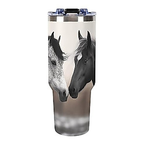 STVNKML 40 Oz Tumbler with Handle Black And White Horses Stainless Steel Coffee Mug Reusable Travel Mug Leak-proof Insulated Car Cup Large Capacity Tumbler for Travel, Outdoor, Home Use (Black)