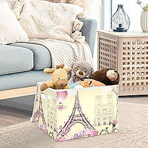 WELLDAY Pink Romantic Paris Storage Baskets Foldable Cube Storage Bin with Lids and Handle, 16.5x12.6x11.8 In Storage Boxes for Toys, Shelves, Closet, Bedroom, Nursery